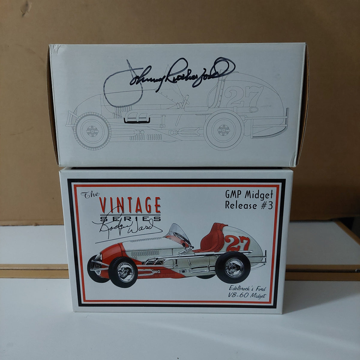 Diecast Rodger Ward Midget GMP. Box autographed by Johnny Rutherford ...