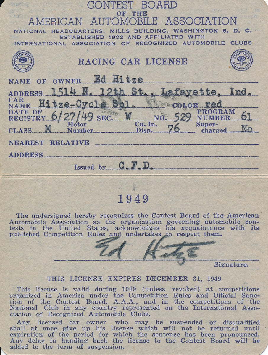 1949 AAA American Automobile Association Ed Hitze Racing Car License ...