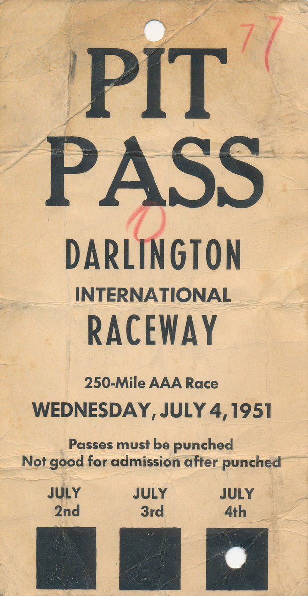 1951 250 Mile AAA Race Darlington International Raceway Pit Pass Crede ...